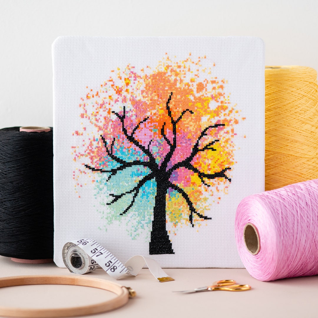 Tree Cross Stitch Kit | Rainbow Cross Stitch | Floral Cross Stitch ...