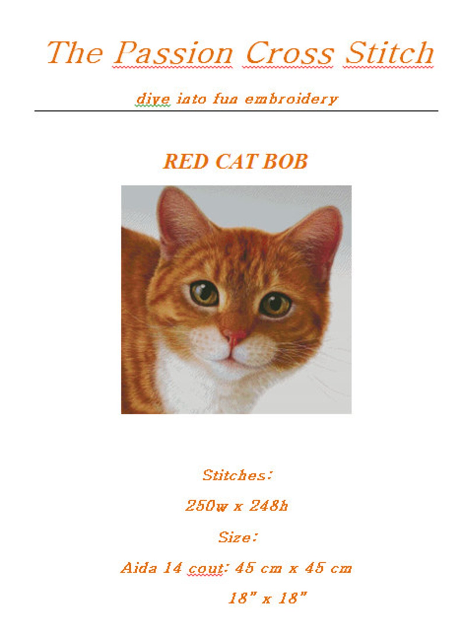 Red Cat PDF Cross Stitch Counted Cross Stitch Chart PDF Instant ...