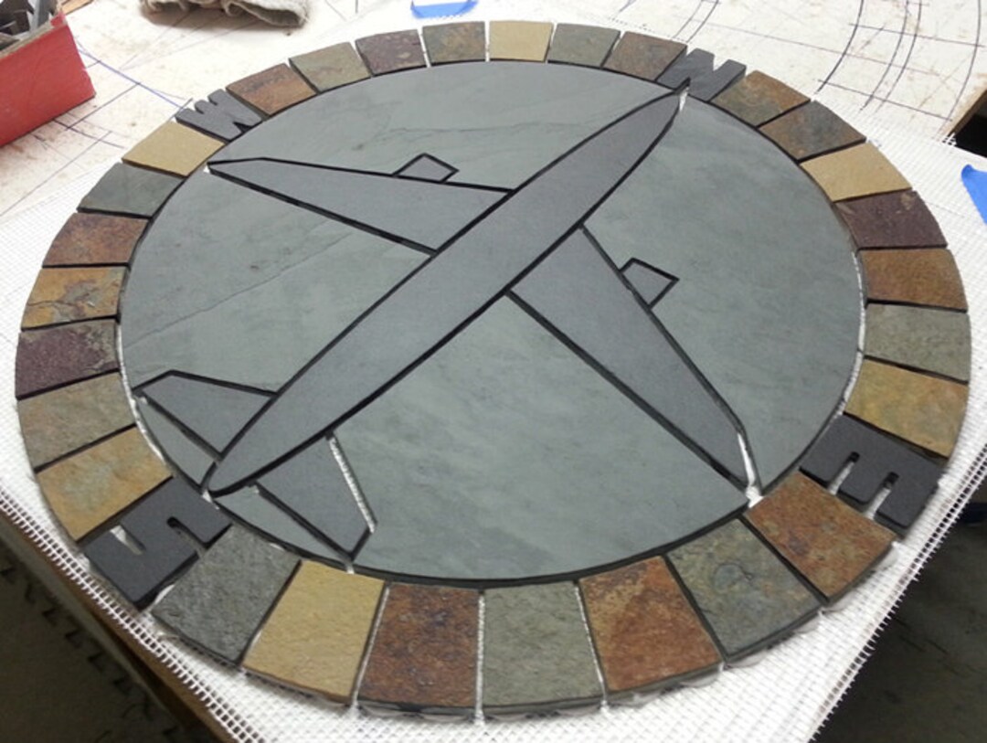 Handmade Natural Slate Airplane Compass Rose Mosaic Tile Medallion ...