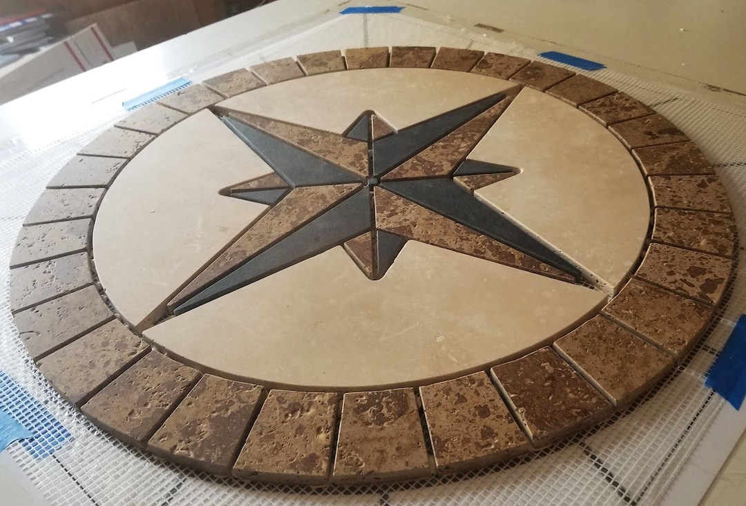 Tile Mosaic Medallion Natural Stone Mariners Compass Rose Travertine ...