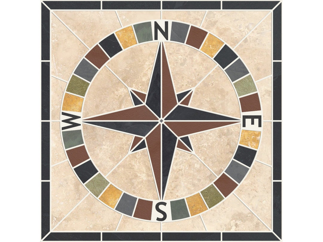 Tile Mosaic Medallion Mariners Compass Beige Travertine, Multi Slate ...