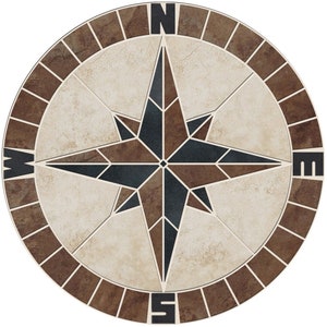 Porcelain Tile Mosaic Medallion Mariners Compass Rose With NSEW Mocha ...