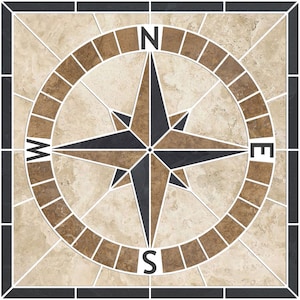 Tile Mosaic Medallion Mariners Compass Beige & Noce Travertine + Black ...