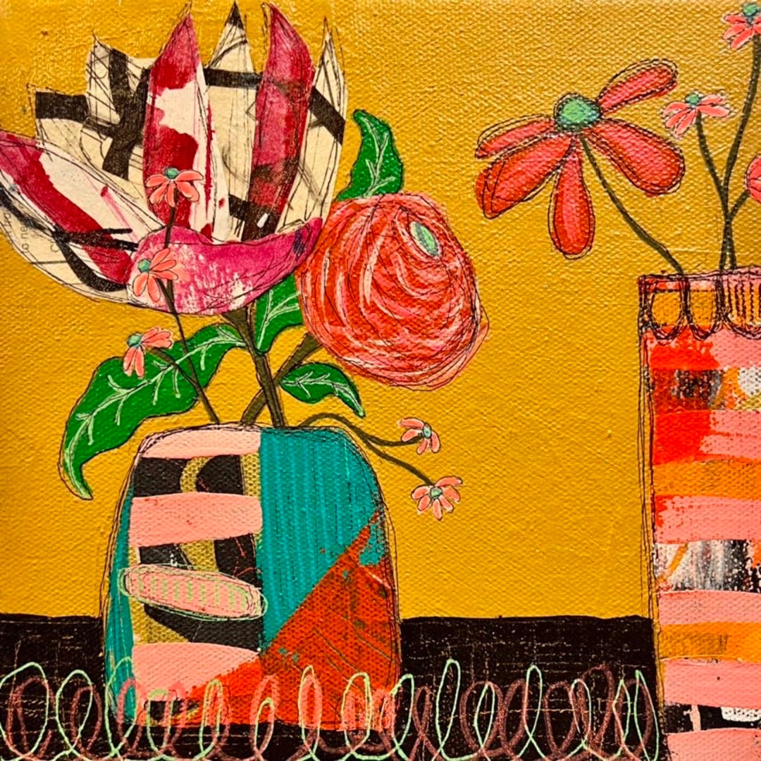 Collage Flowers in Vases Painting Abstract Floral Bouquets Canvas Art ...