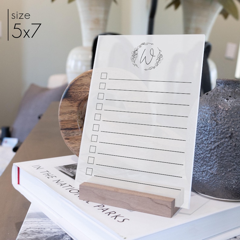 Acrylic Arch Checklist With Monogram, Transparent Notes Stand on Walnut ...