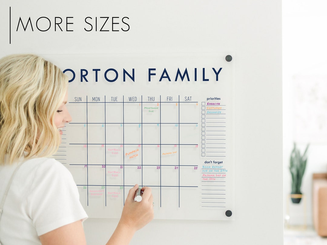 Personalized Navy Reusable Monthly Calendar on Clear Acrylic for Family ...
