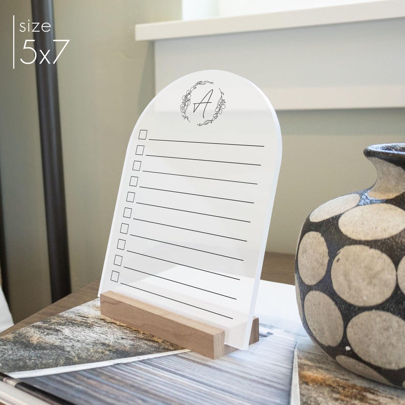 Acrylic Arch Checklist With Monogram, Transparent Notes Stand on Walnut ...