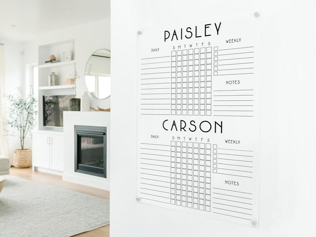 Vertical Dry Erase Two Kid Chore Chart With Custom Names on Clear ...