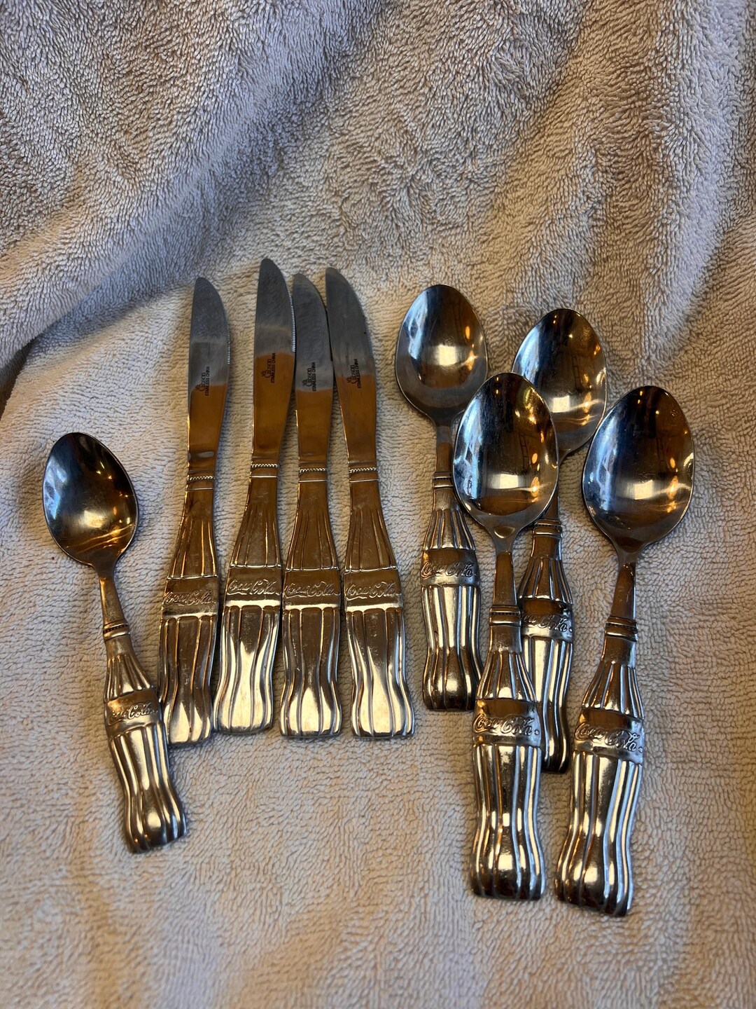 Vintage Coke a Cola Stainless Flatware- 4 Knives 4 Soup Spoons and One ...