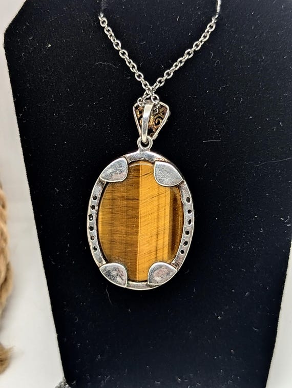 Large Tiger's Eye Pendant Necklace on Silver Chain-St… - Gem