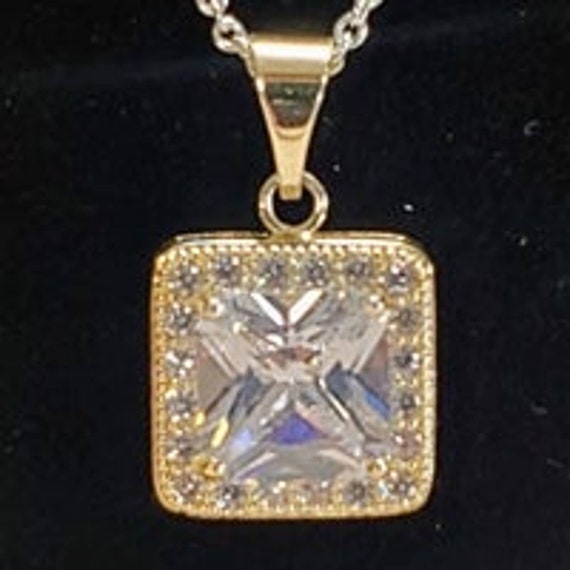 Sterling Silver Cushion Cut Square Crystal w/ CZ Deta… - Gem