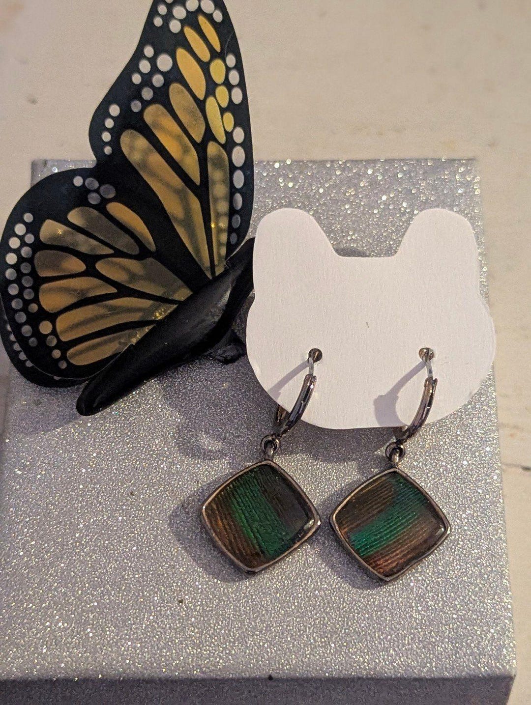 Vintage Liz Claiborne Peacock Feather Design Small Square Glass Dangle ...