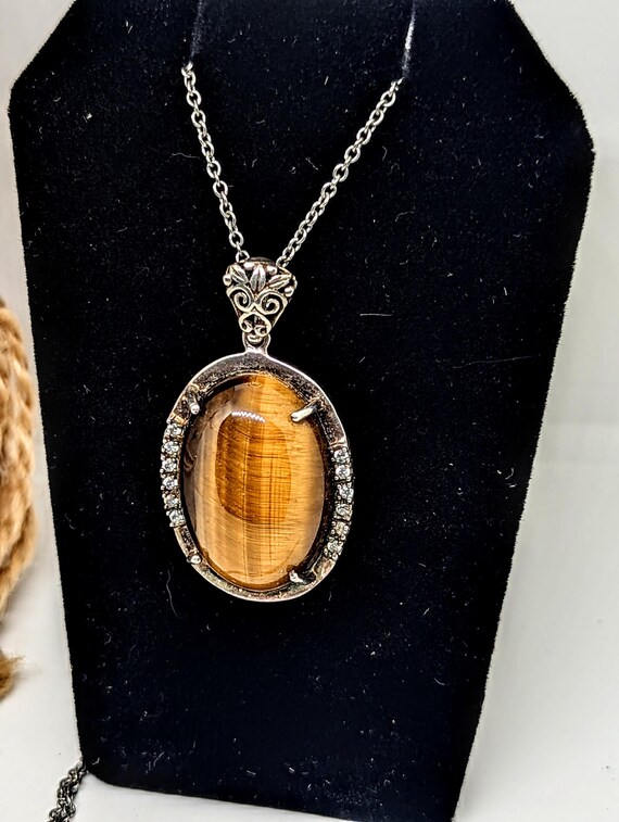 Large Tiger's Eye Pendant Necklace on Silver Chain-St… - Gem