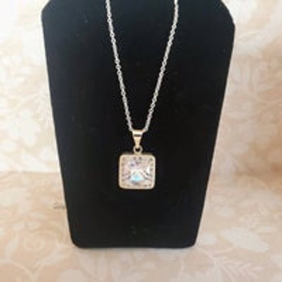 Sterling Silver Cushion Cut Square Crystal W/ CZ Detailing Necklace - Etsy