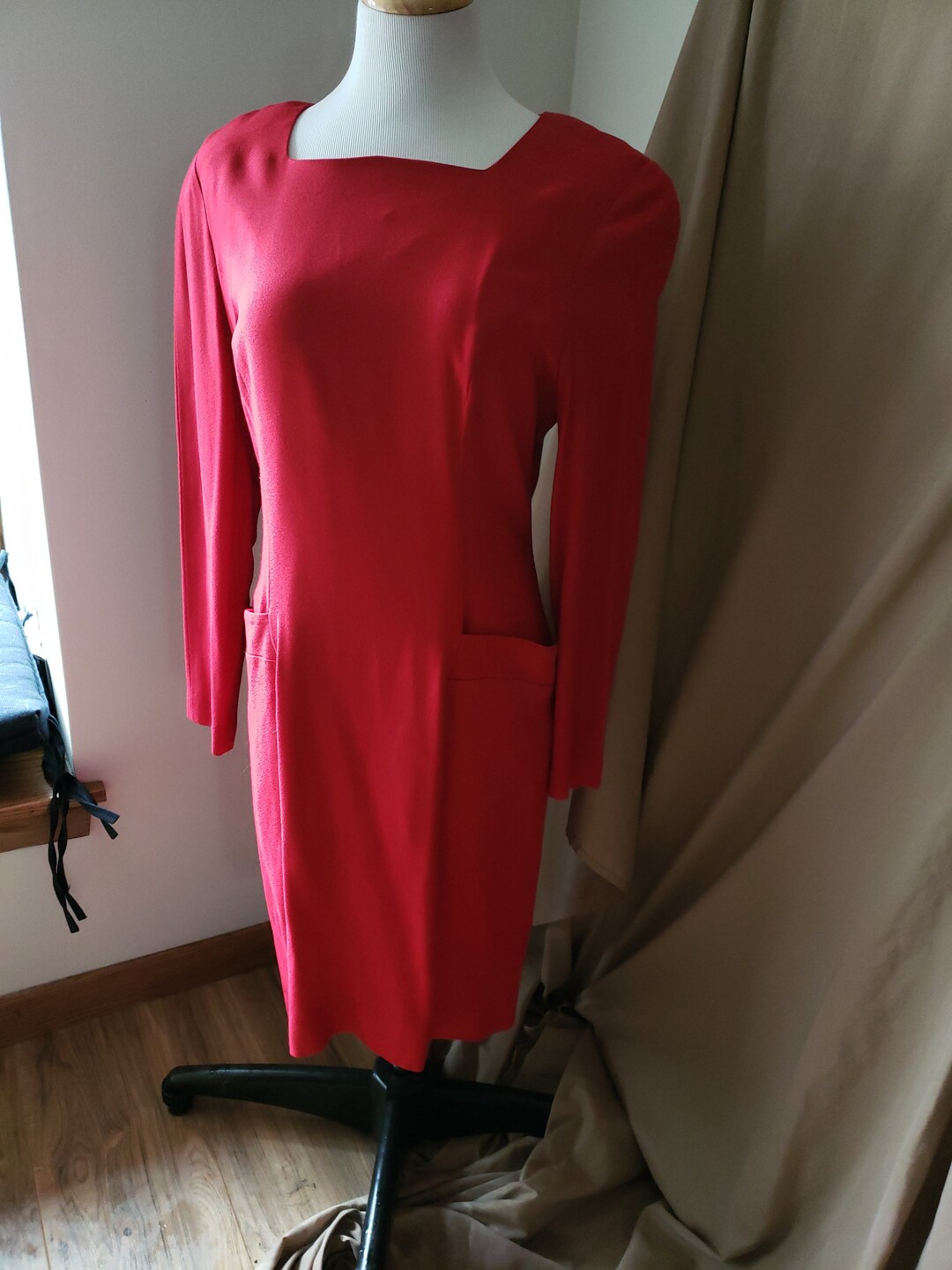 90's Santa Fe by Jim Tremblay Red Shift Dress Sz 12 Long Sleeves W ...