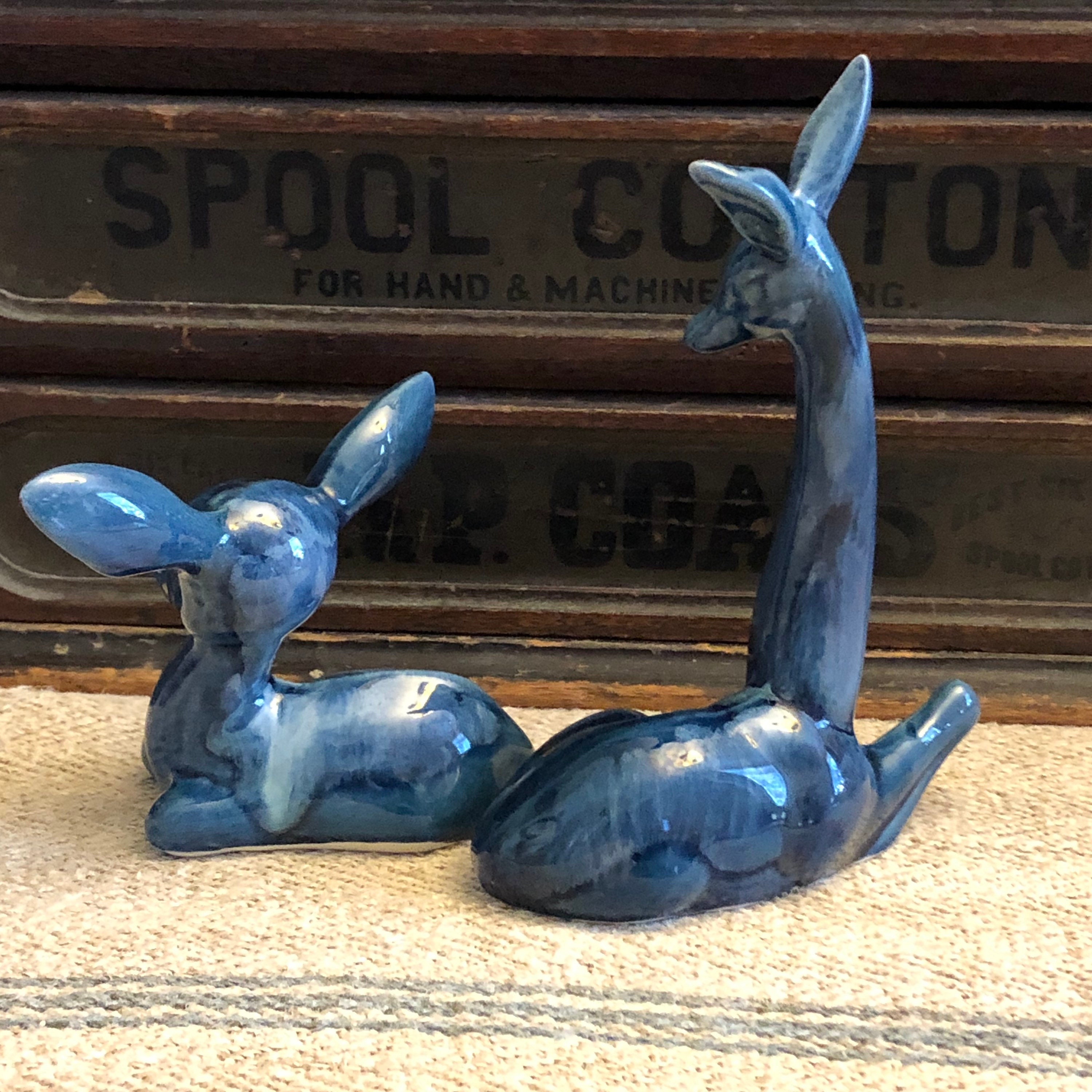 Set of Two Vintage Ceramic Deep Blue Deer Figurines. A Doe and | Etsy