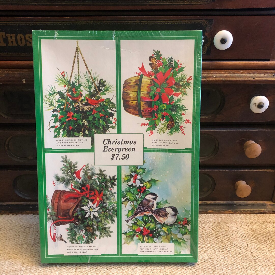 New Old Stock Box of Early 1970s Assorted Christmas Evergreens Cards ...