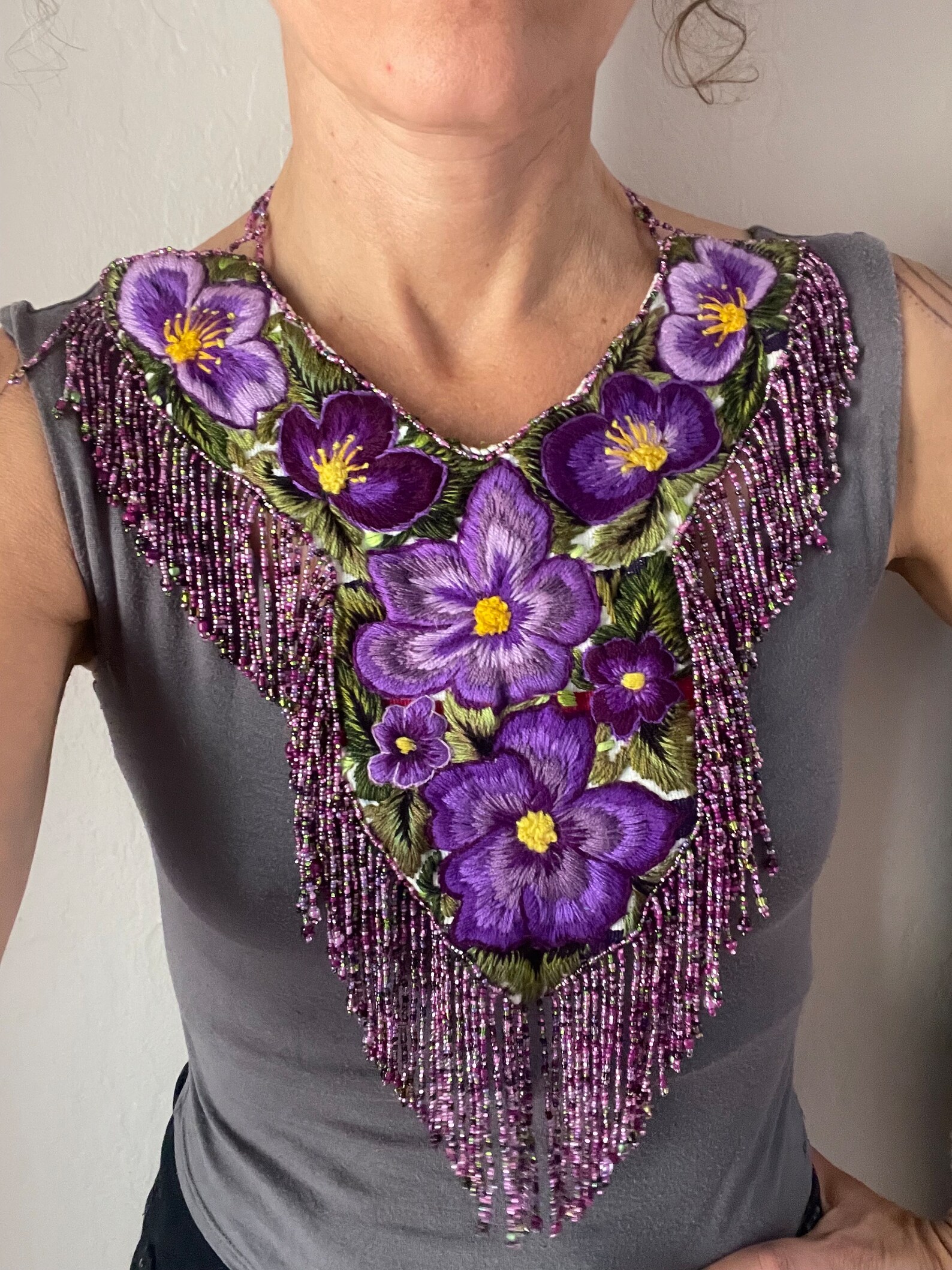 Goddess Violet Floral Hand Embroidered Ceremonial Collar Bib Necklace ...