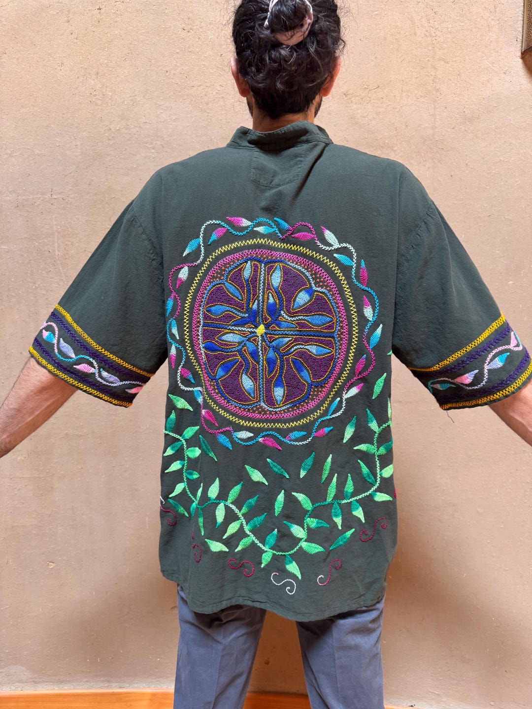 Shipibo Dark Olive Cotton Hand Embroidered Snake Ayahuasca Chacruna ...