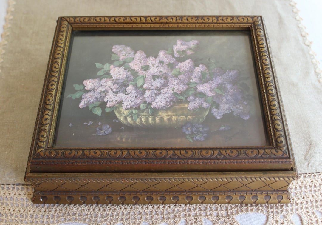 Vintage Keepsake Box Ornate Gold Painted Framed Box With Floral Lilac ...