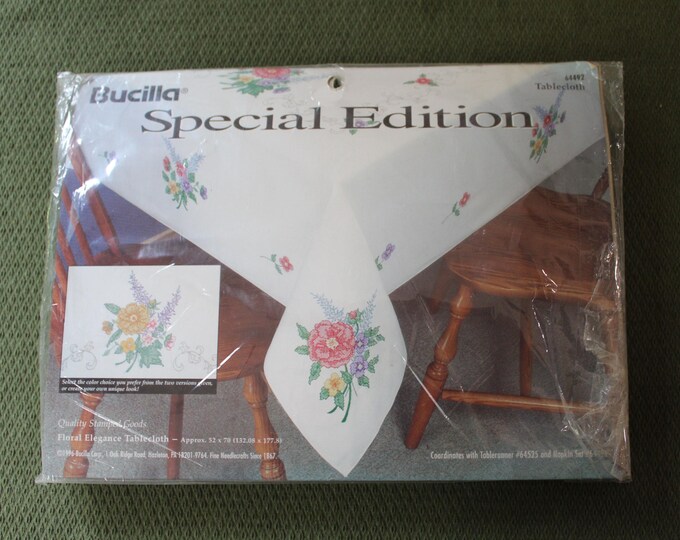 Vintage Bucilla Special Edition Stamped Cross Stitch Tablecloth Kit 64492 Floral Elegance ...