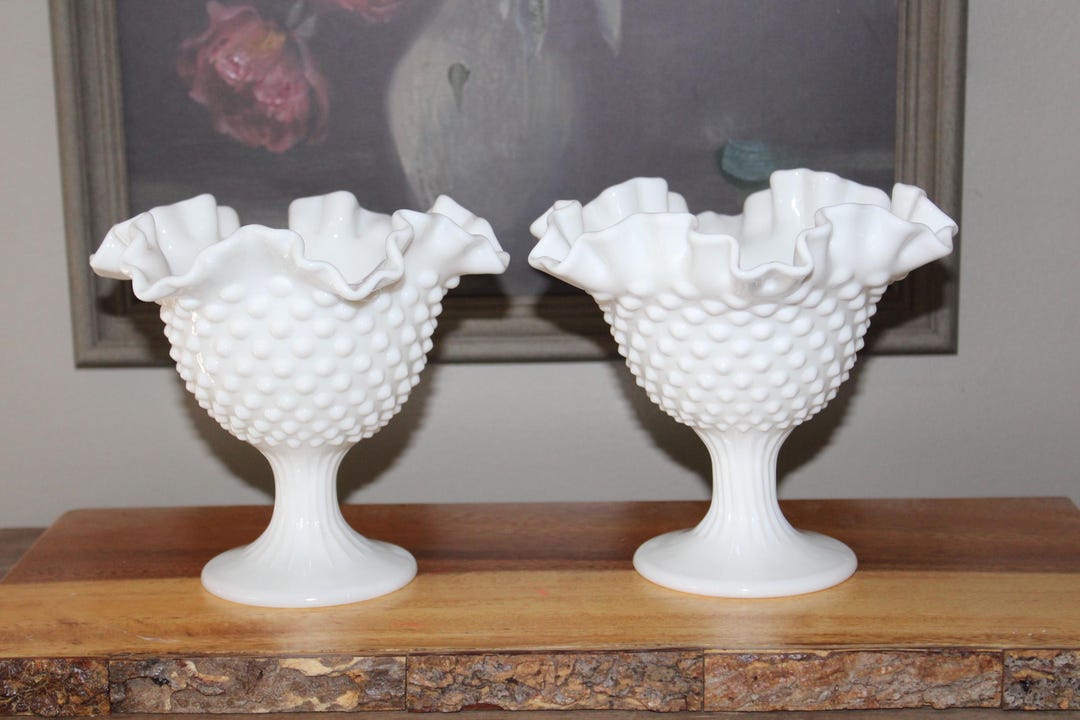 Pair of Vintage Milk Glass Fenton Fancy Fluted Ruffled Hobnail Pedestal ...