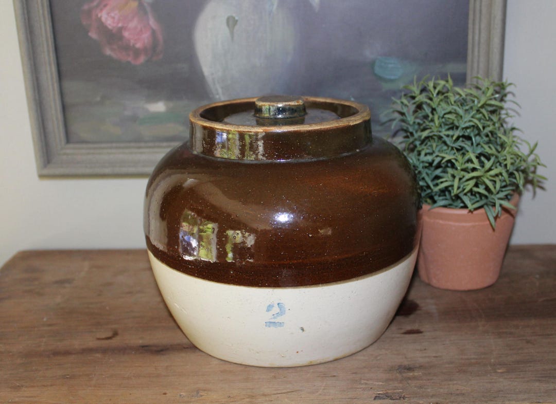 Antique Bean Crock Pickling Stoneware Jug Two Toned Stoneware Crock Jug ...