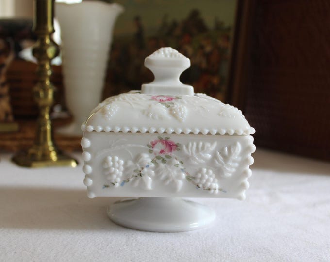 Vintage Ornate Hand Pink Rose Milk Glass Pedestal Dish With Lid Roses ...