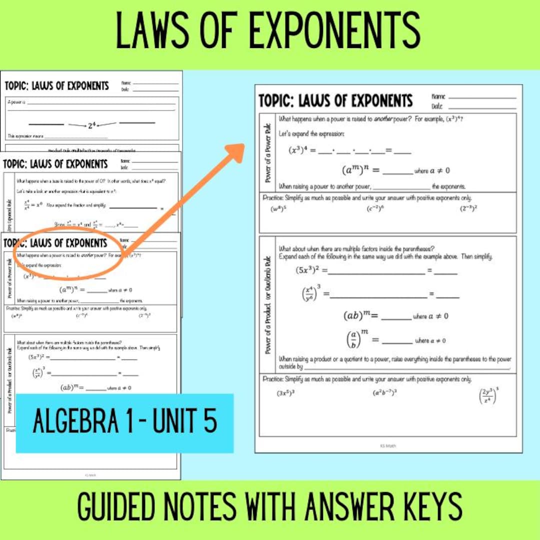 Math Worksheets Notes Algebra Laws of Exponents Worksheets, Pre-algebra ...