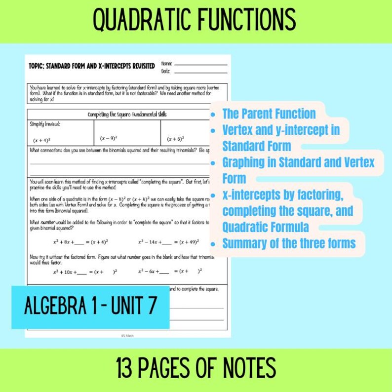 Quadratic Functions: Algebra Notes & Worksheets (PDF) - Etsy