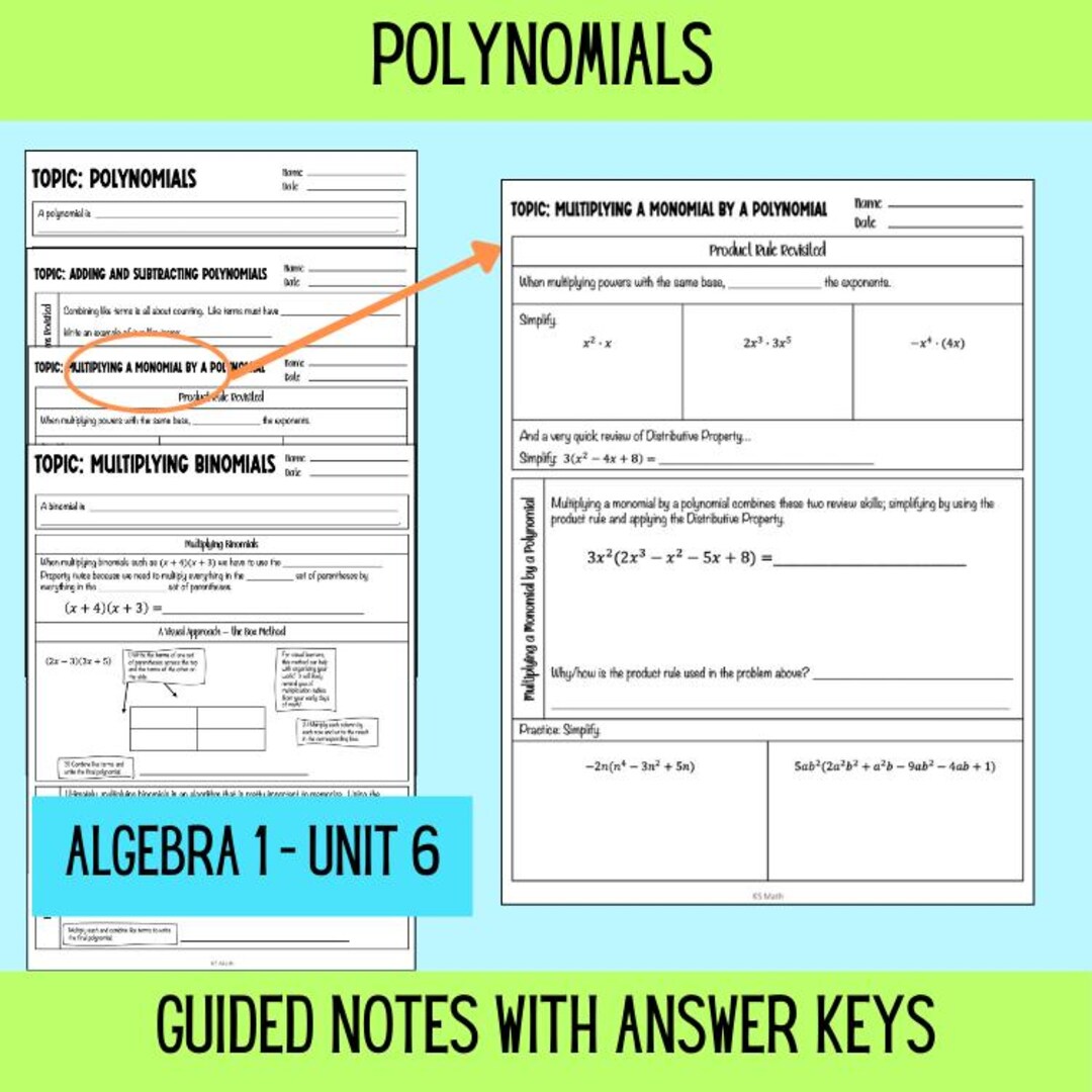 Polynomials Algebra Math Notes and Worksheets, Complete Algebra Unit ...