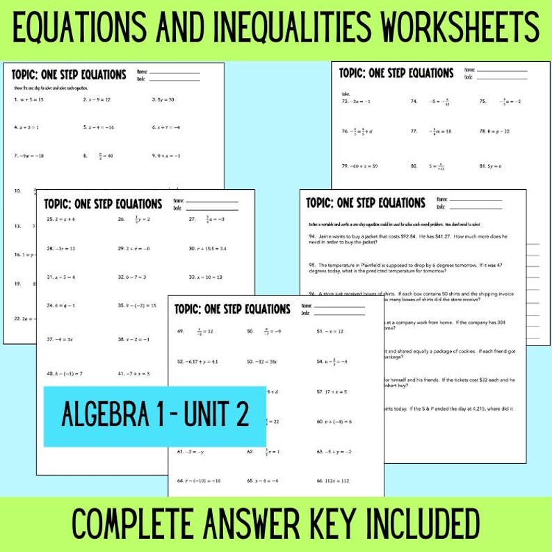 Math Worksheets Algebra Equations and Inequalities Pre-algebra Algebra ...