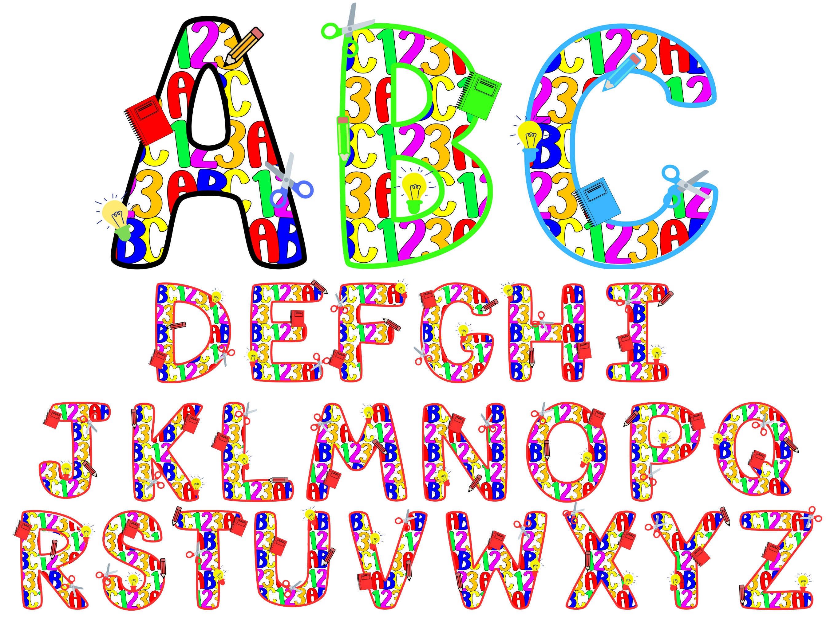 Back to School Alphabet Letters PNG Bundle, Hand Drawn Doodle ...