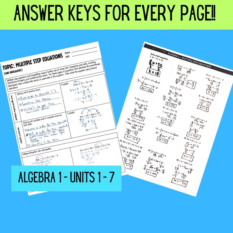 Algebra 1 Units 1-7: Guided Notes & Worksheets - Etsy