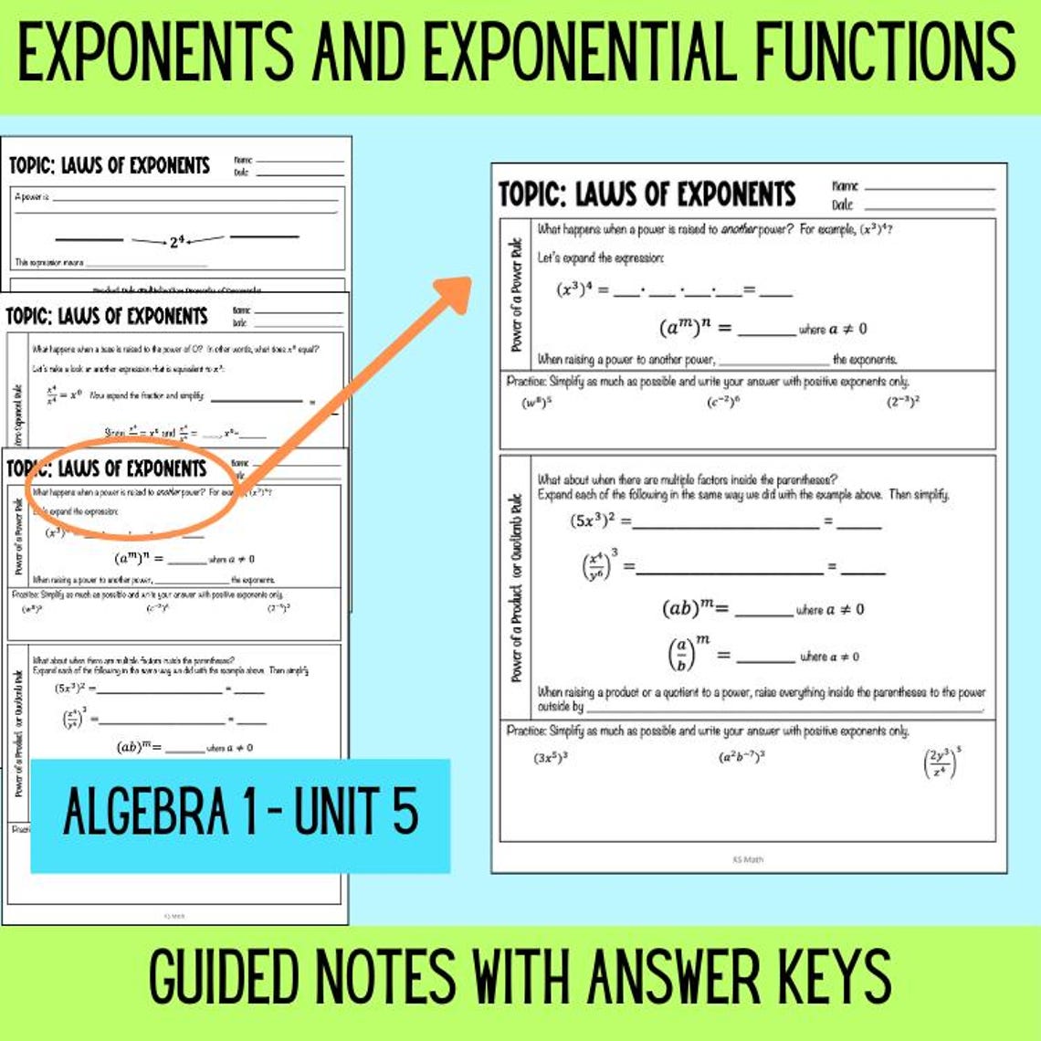 Math Worksheets Notes Algebra Laws of Exponents Worksheets, Pre-algebra ...