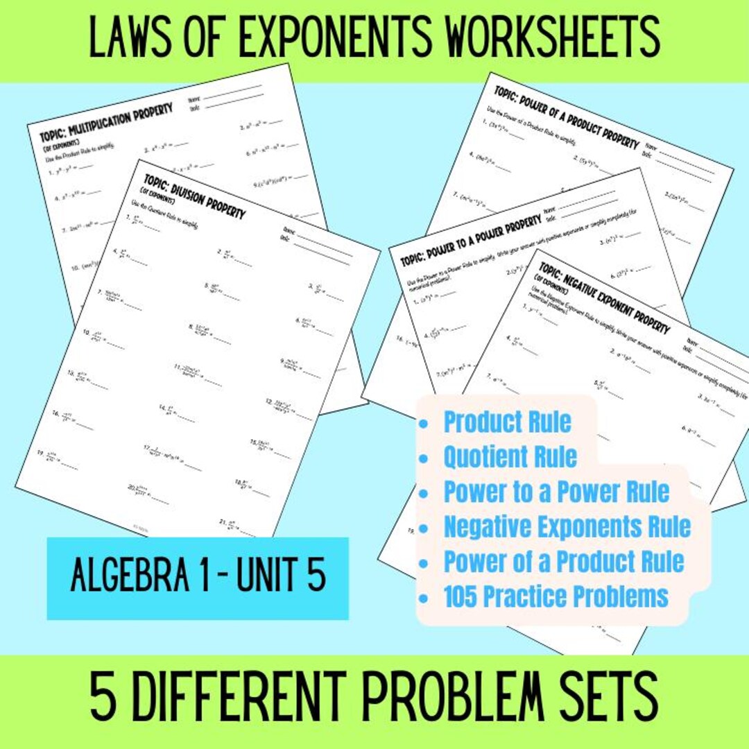 Algebra Laws of Exponents Worksheets: Homeschool Math (PDF) - Etsy
