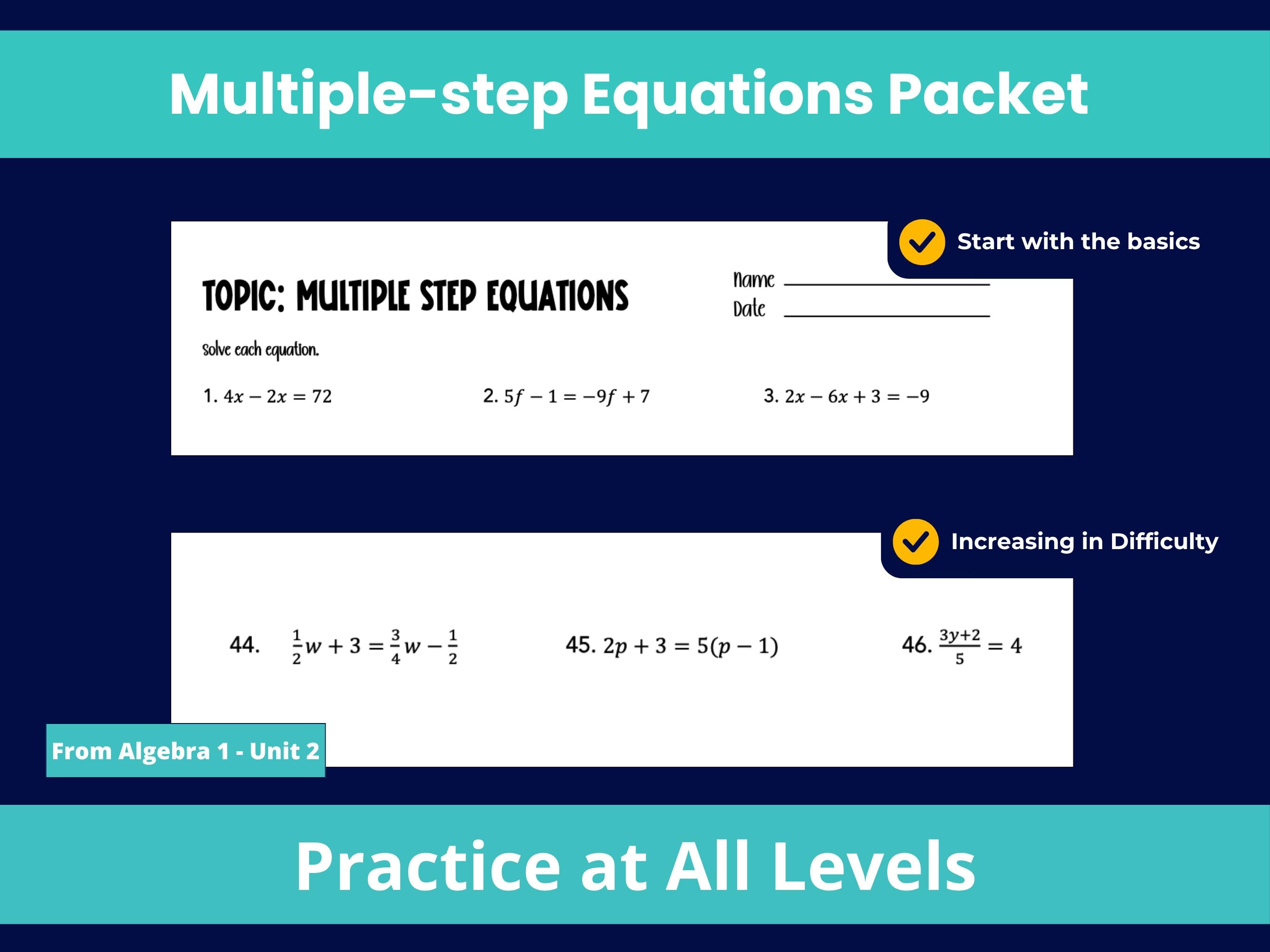 Multiple Step Equations Worksheet: Algebra & Middle School Math (PDF ...