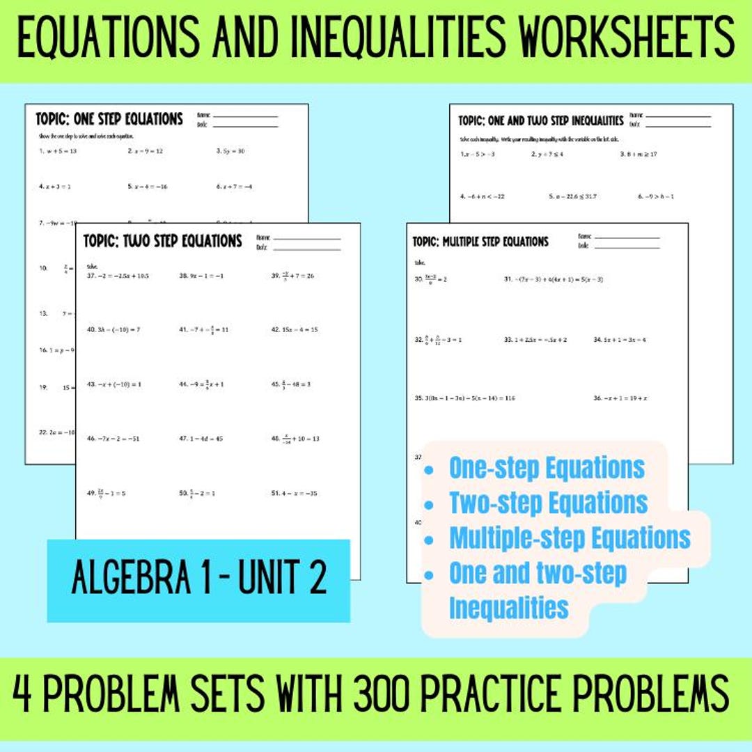Math Worksheets Algebra Equations and Inequalities Pre-algebra Algebra ...