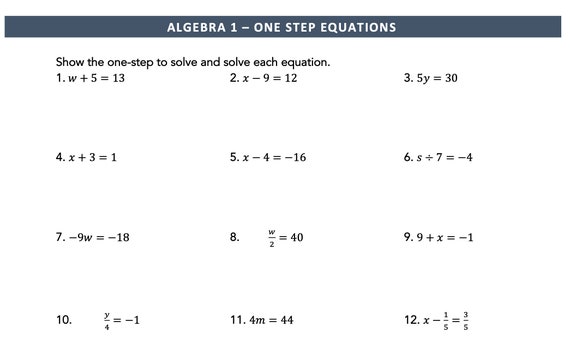One Step Algebra Worksheets