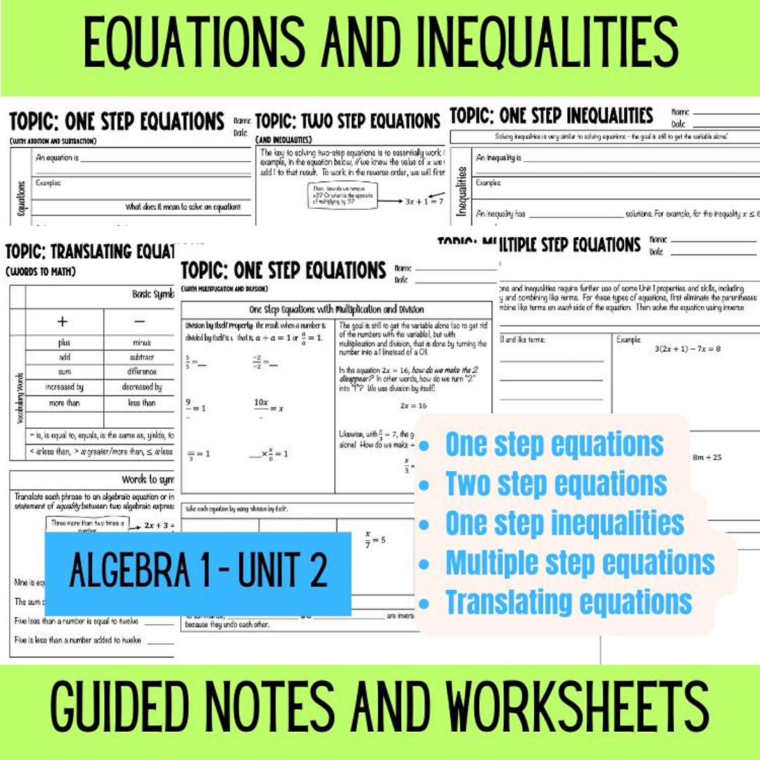 Algebra Equations and Inequalities Unit: Math Notes & Worksheets - Etsy