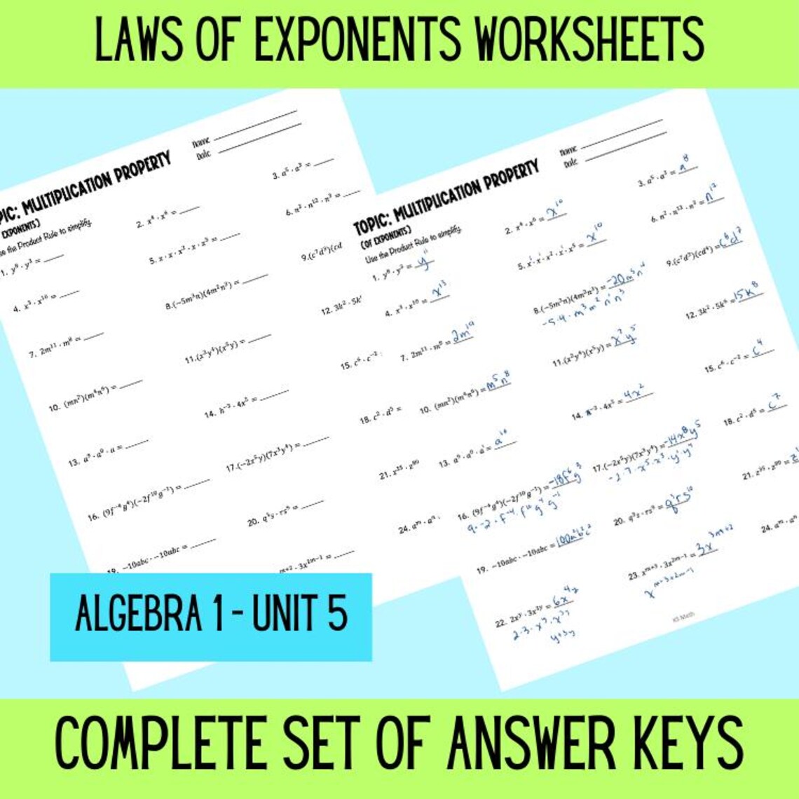 Algebra Laws of Exponents Worksheets: Homeschool Math (PDF) - Etsy