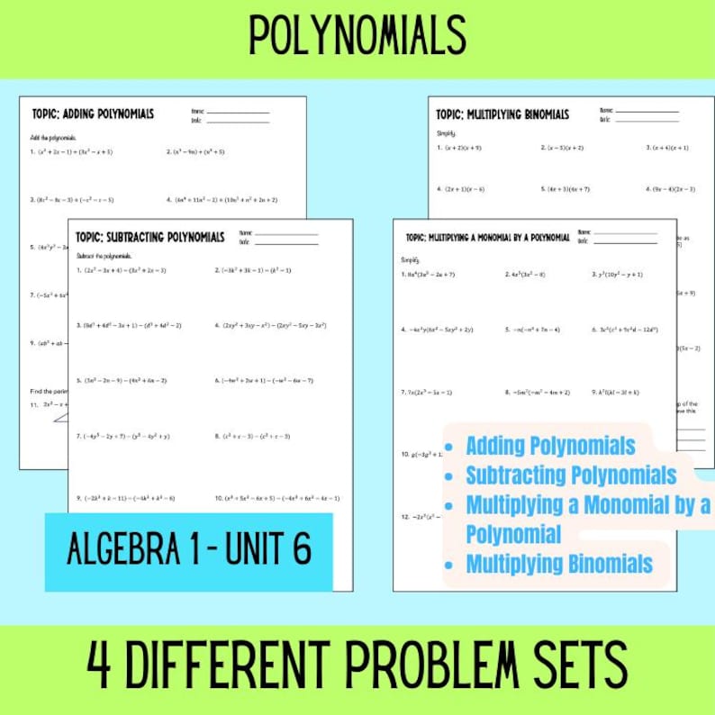 Polynomials Algebra Math Notes and Worksheets, Complete Algebra Unit ...