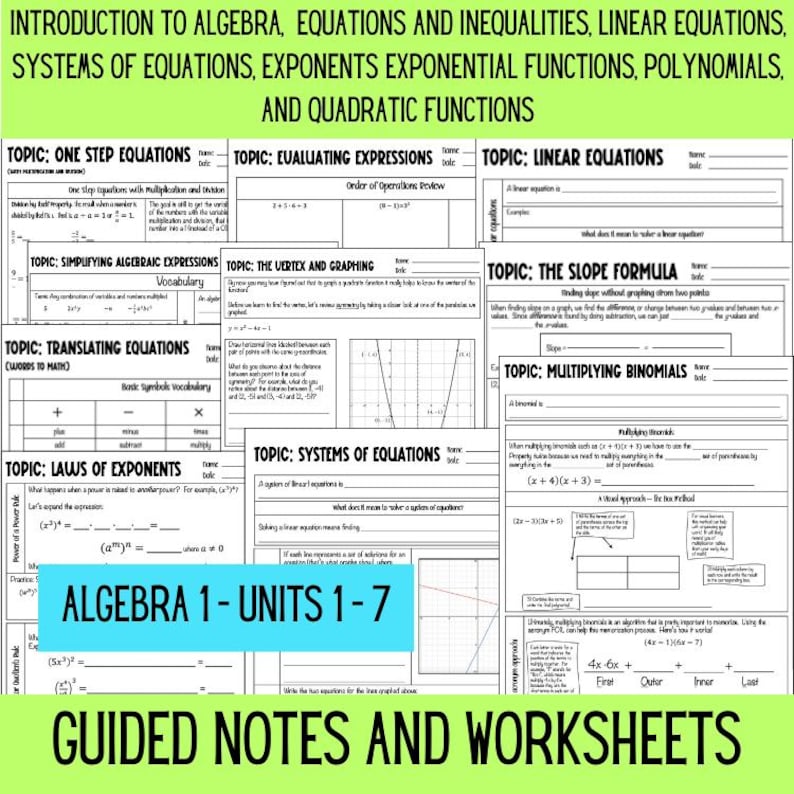 Algebra 1 Units 1-7: Guided Notes & Worksheets - Etsy