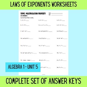 Algebra Laws of Exponents Worksheets: Homeschool Math (PDF) - Etsy