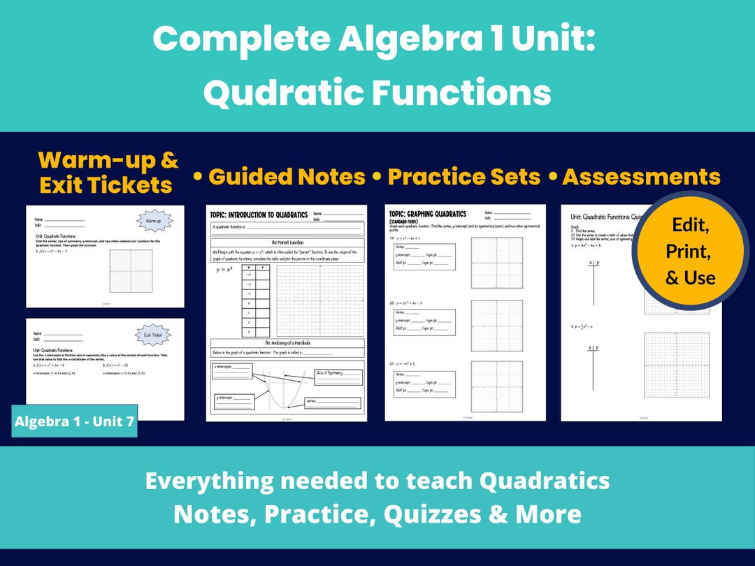 Completely Editable Quadratic Functions Unit: Algebra Notes ...