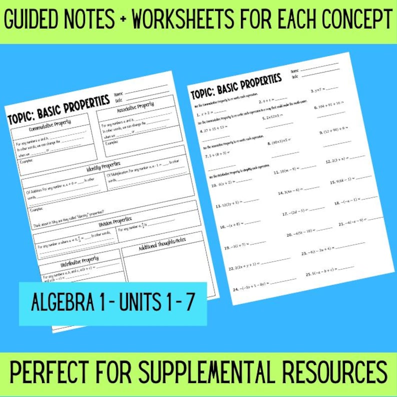Algebra 1 Units 1-7: Guided Notes & Worksheets - Etsy