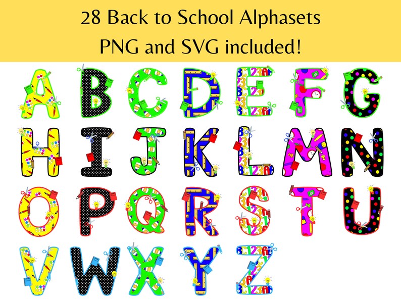 Back to School Alphabet Letters PNG Bundle, Hand Drawn Doodle ...