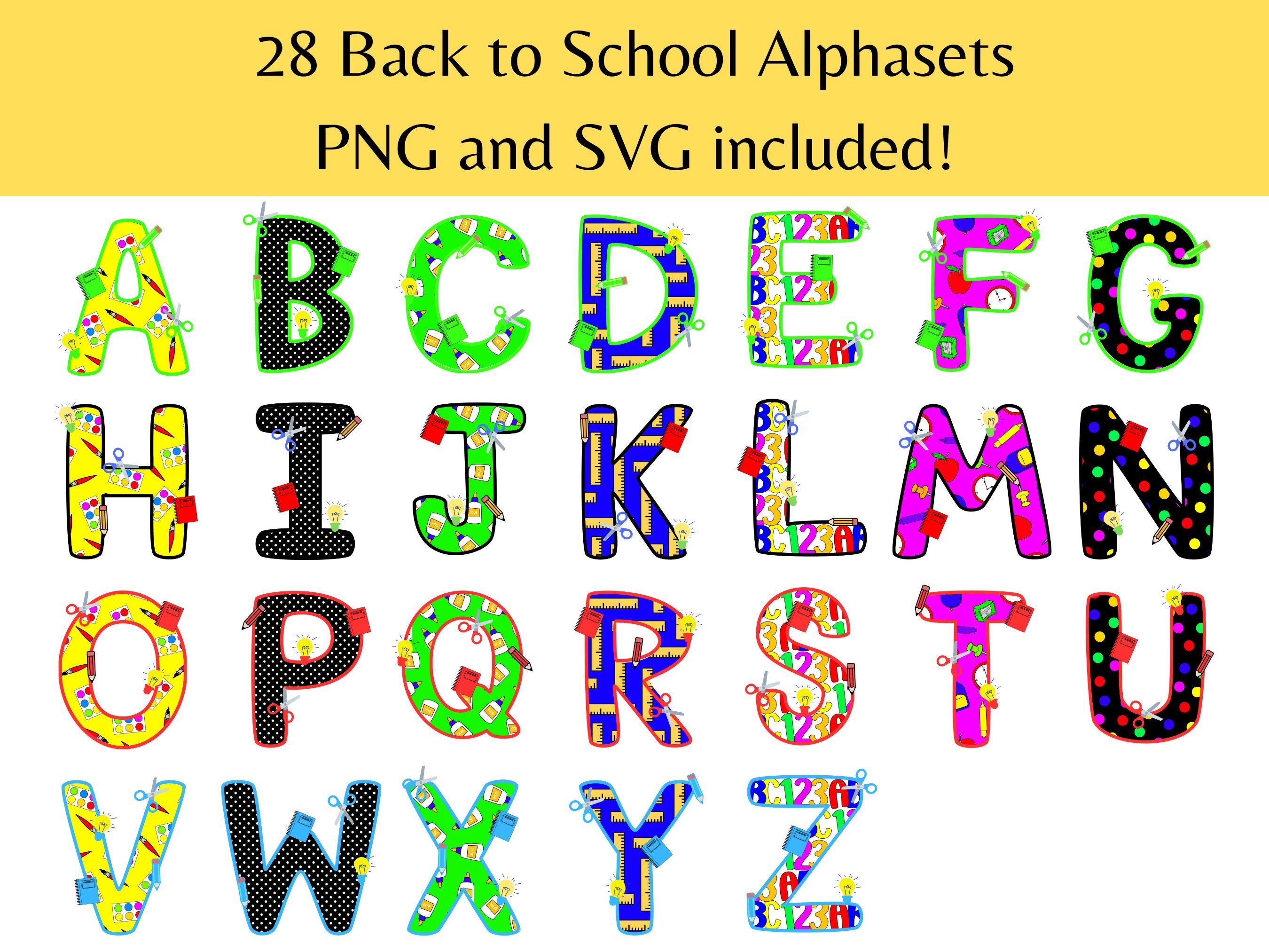 Back to School Alphabet Letters PNG Bundle, Hand Drawn Doodle ...
