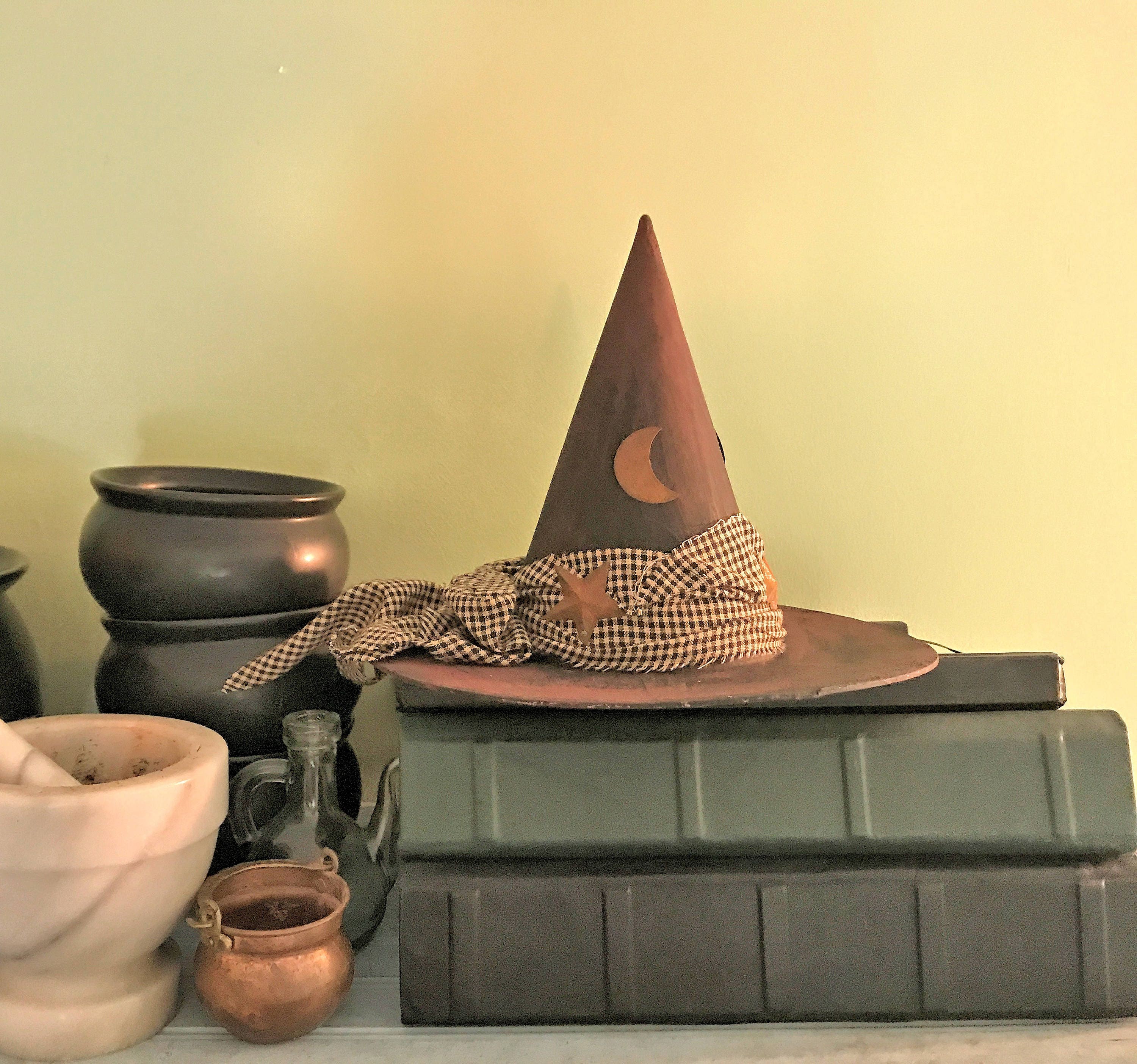 Tree Topper Witch Hat,Primitive Witch Hat,Moon and Stars Plaid Hat ...