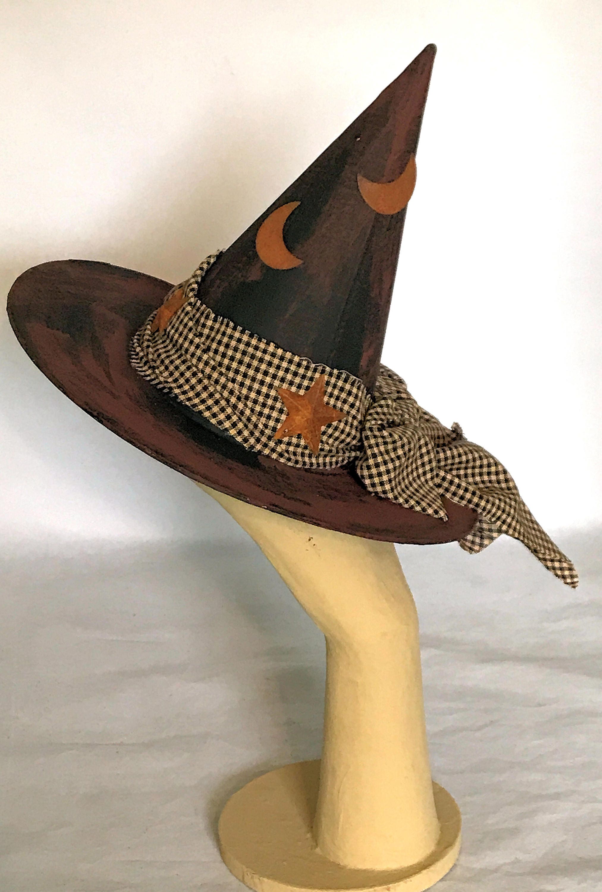 Tree Topper Witch Hat,Primitive Witch Hat,Moon and Stars Plaid Hat ...